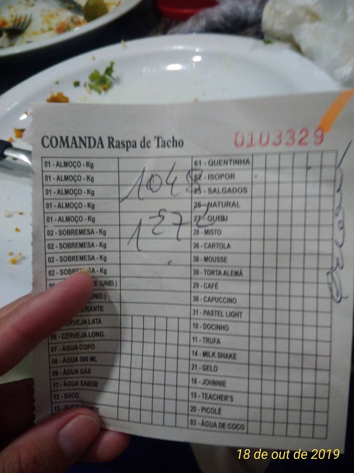 Carta de Restaurante Raspa de Tacho, Recife