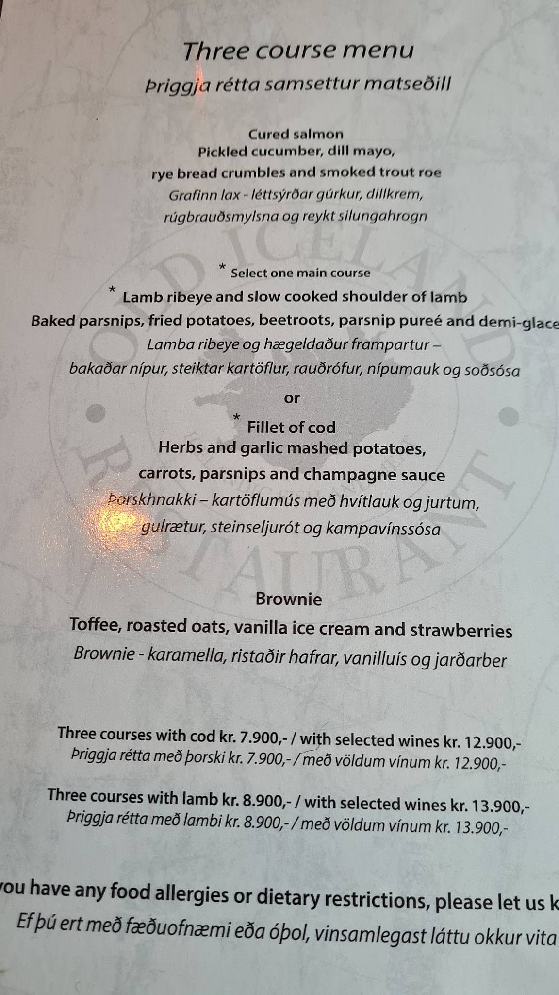 Menu at Old Iceland restaurant, Reykjavík