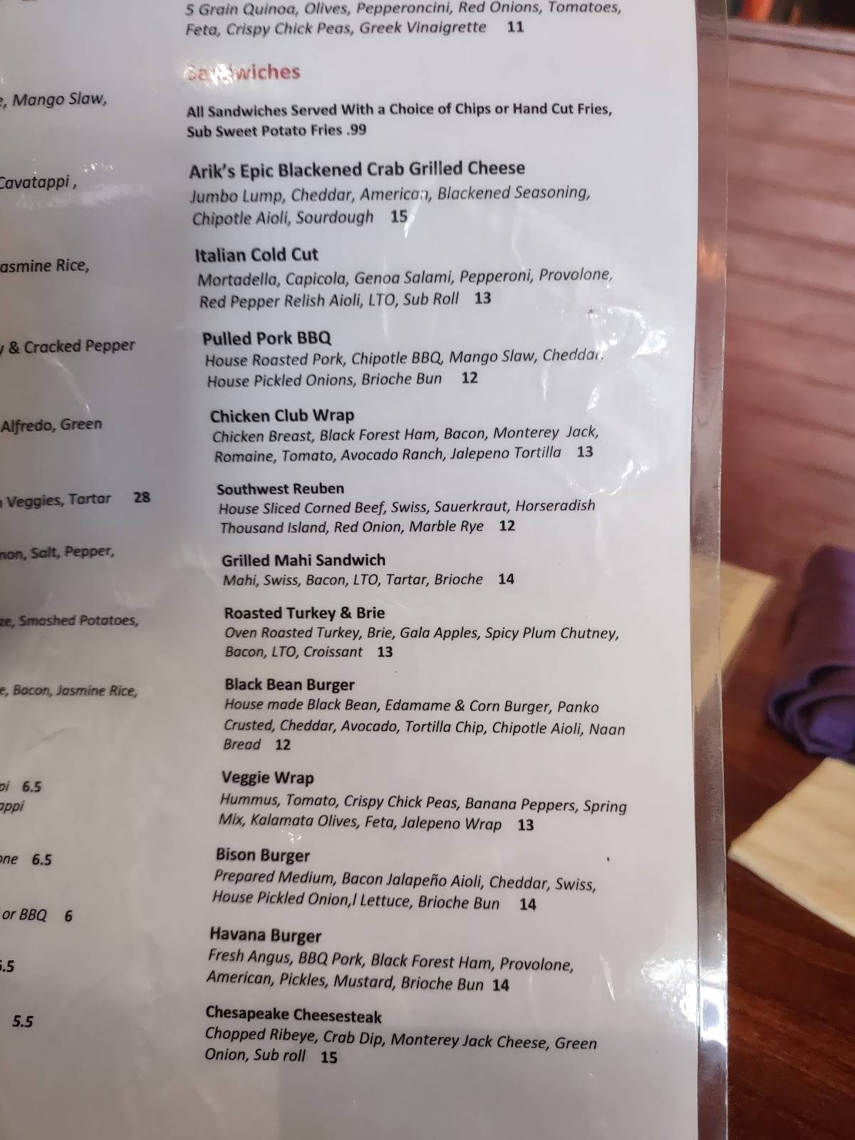 Menu at Rik's Cafe, Hagerstown