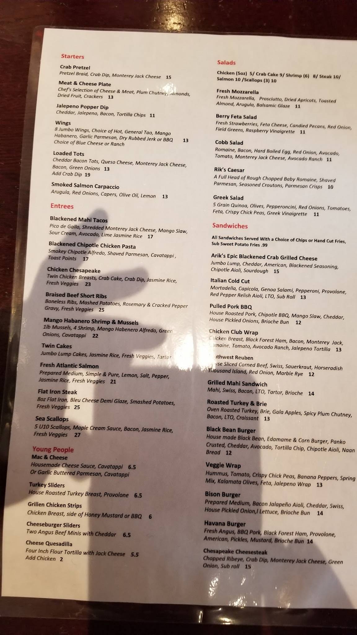 Menu at Rik's Cafe, Hagerstown
