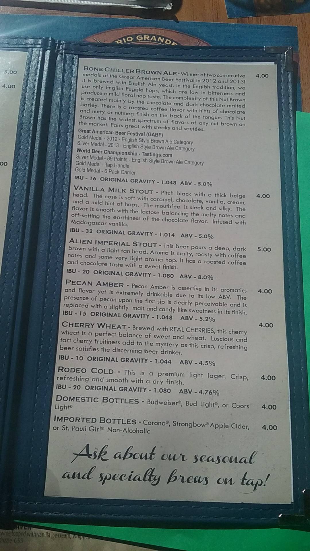 Menu at Rio Grande Grill and Tap Room pub & bar, Ruidoso