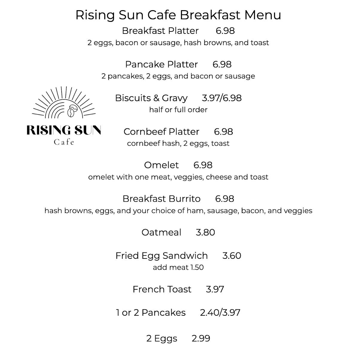 Menu at Rising Sun Cafe, Polk City