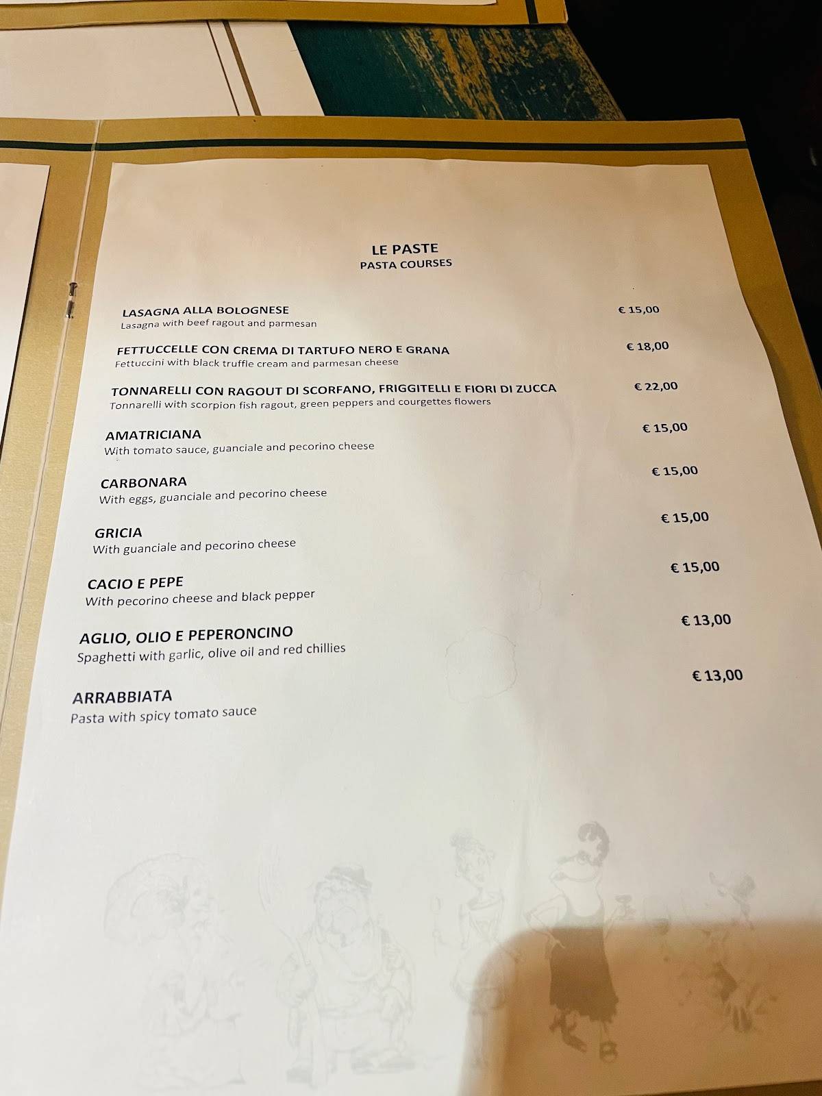 Menu at Ristorante Dillà, Rome