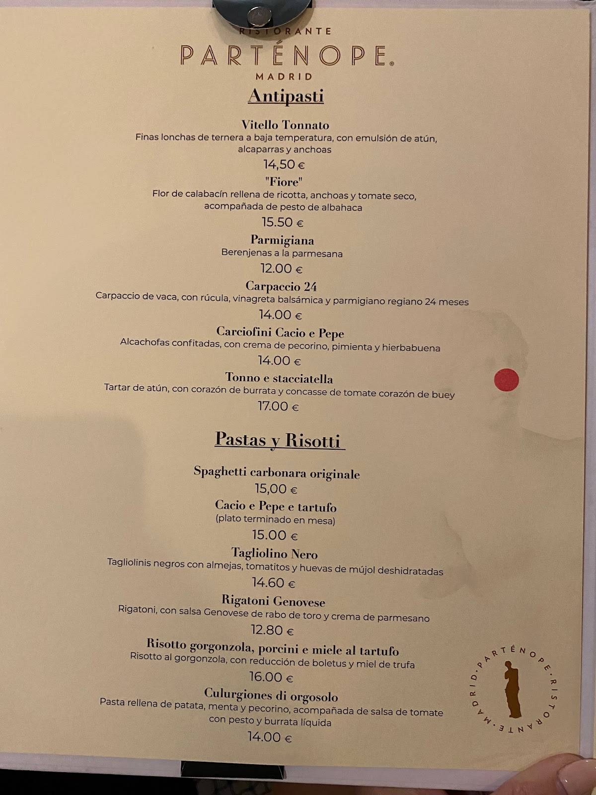 Menu at Ristorante Parténope Madrid restaurant, Madrid