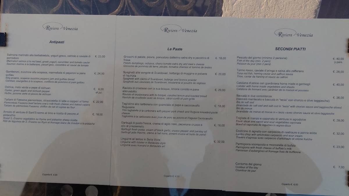 Menu da Ristorante Riviera, Venezia