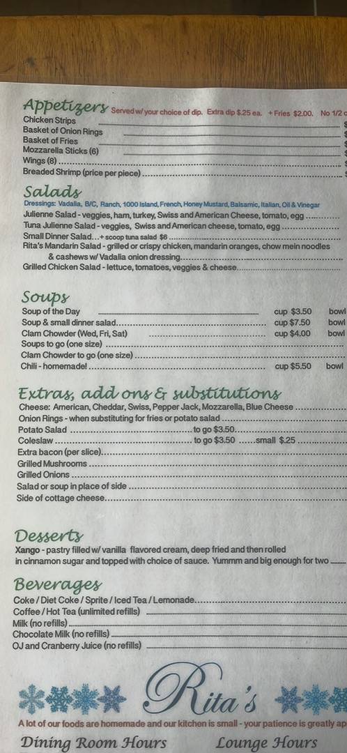 Menu at Rita's Bar & Grill, Lake Bluff
