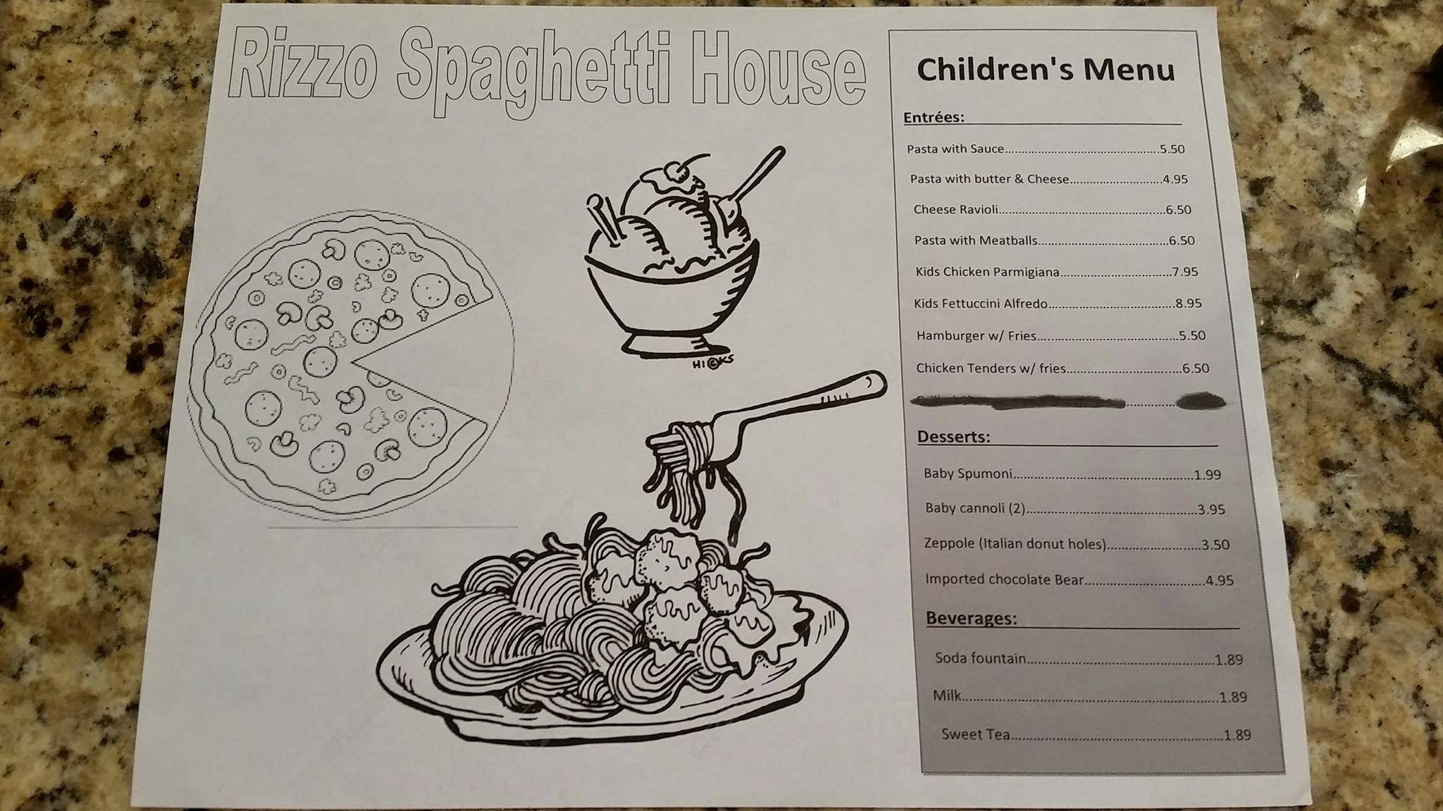 Menu at Rizzo's Spaghetti House pizzeria, Fort Mill, Charlotte Hwy