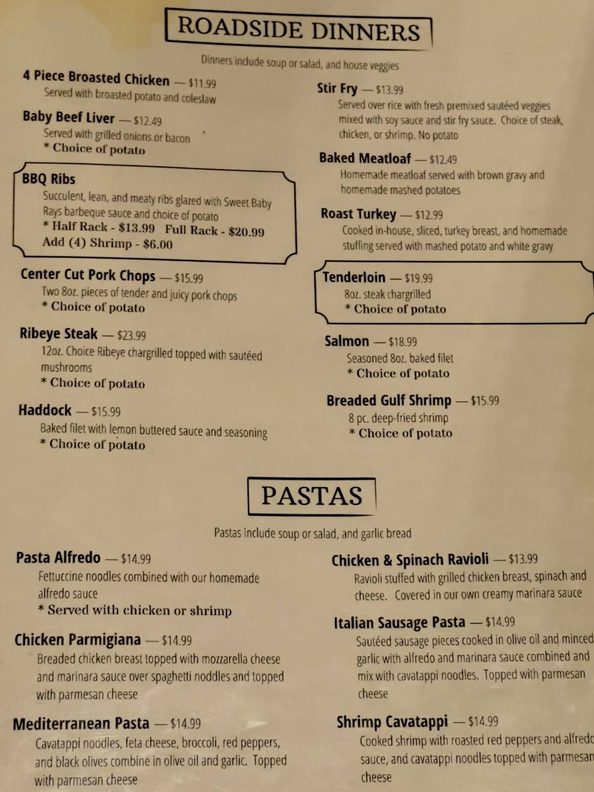 Menu at Roadside Bar & Grill, Plymouth, N5575 WI-57