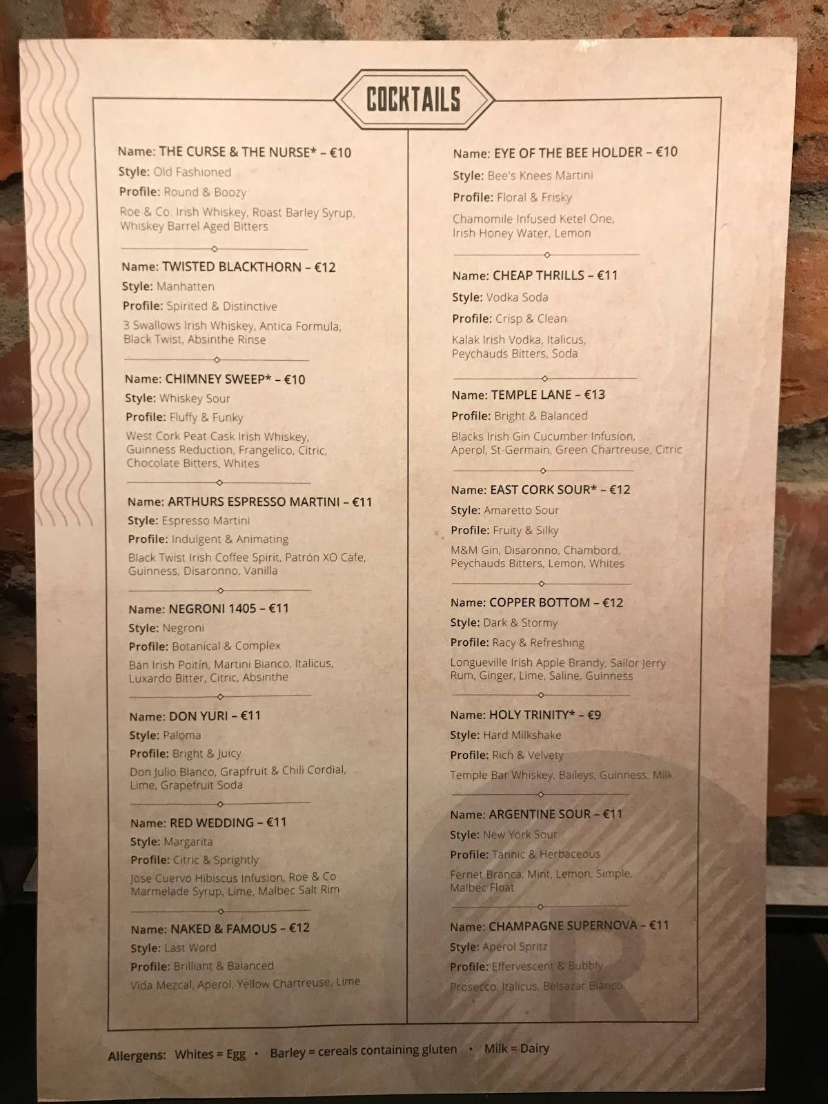 Menu at Roast - Temple Bar, Dublin