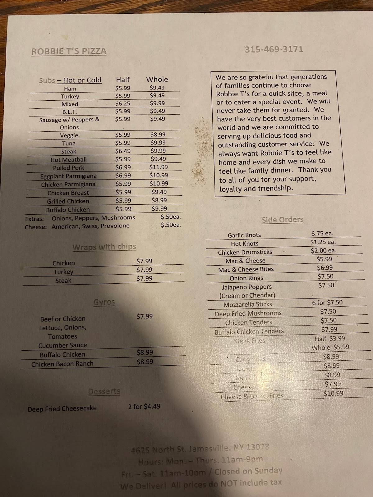 Menu at Robbie T's Pizza pizzeria, Jamesville
