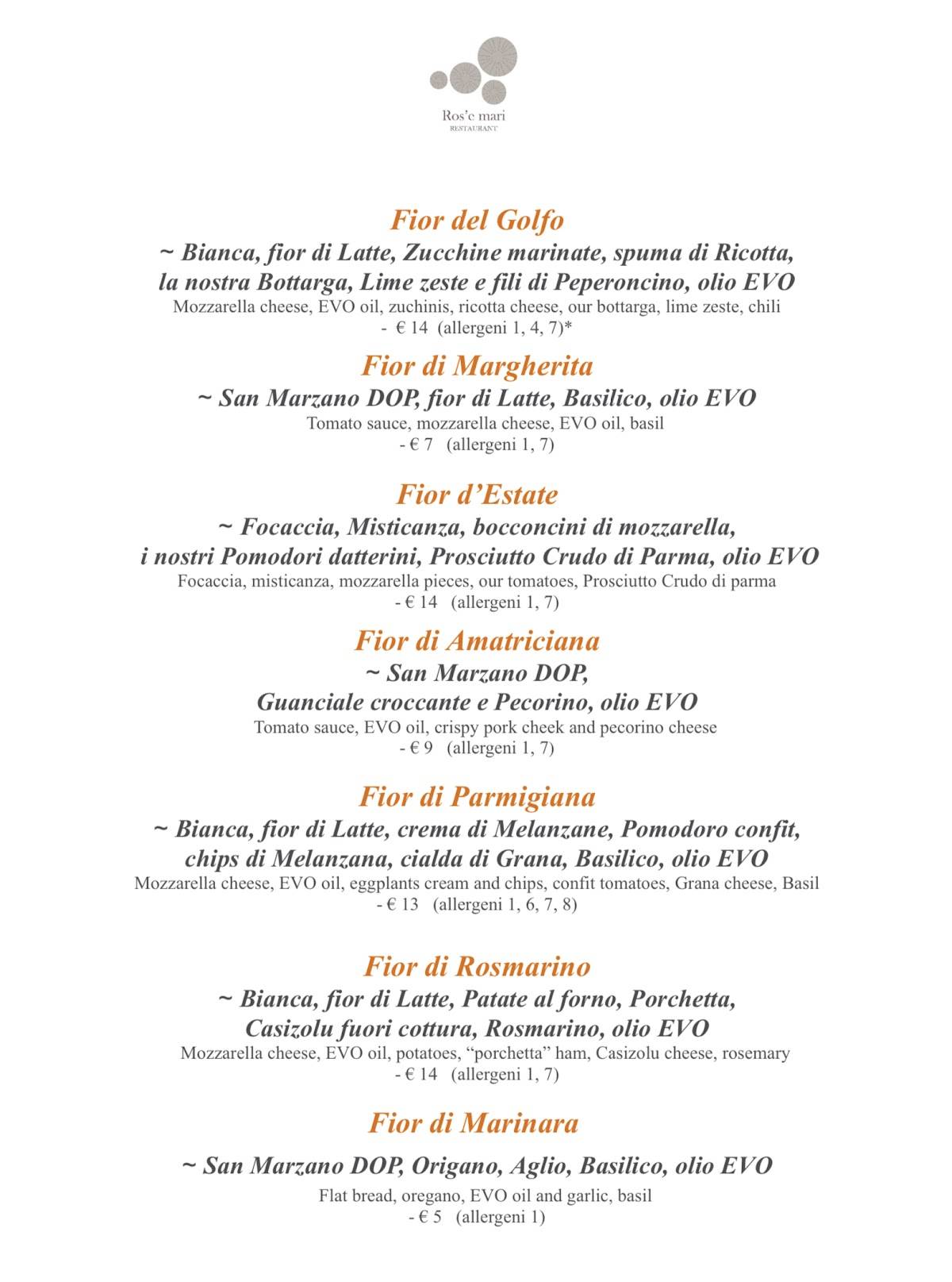 Menu da Ros'e mari ristorante, Donigala Fenughedu