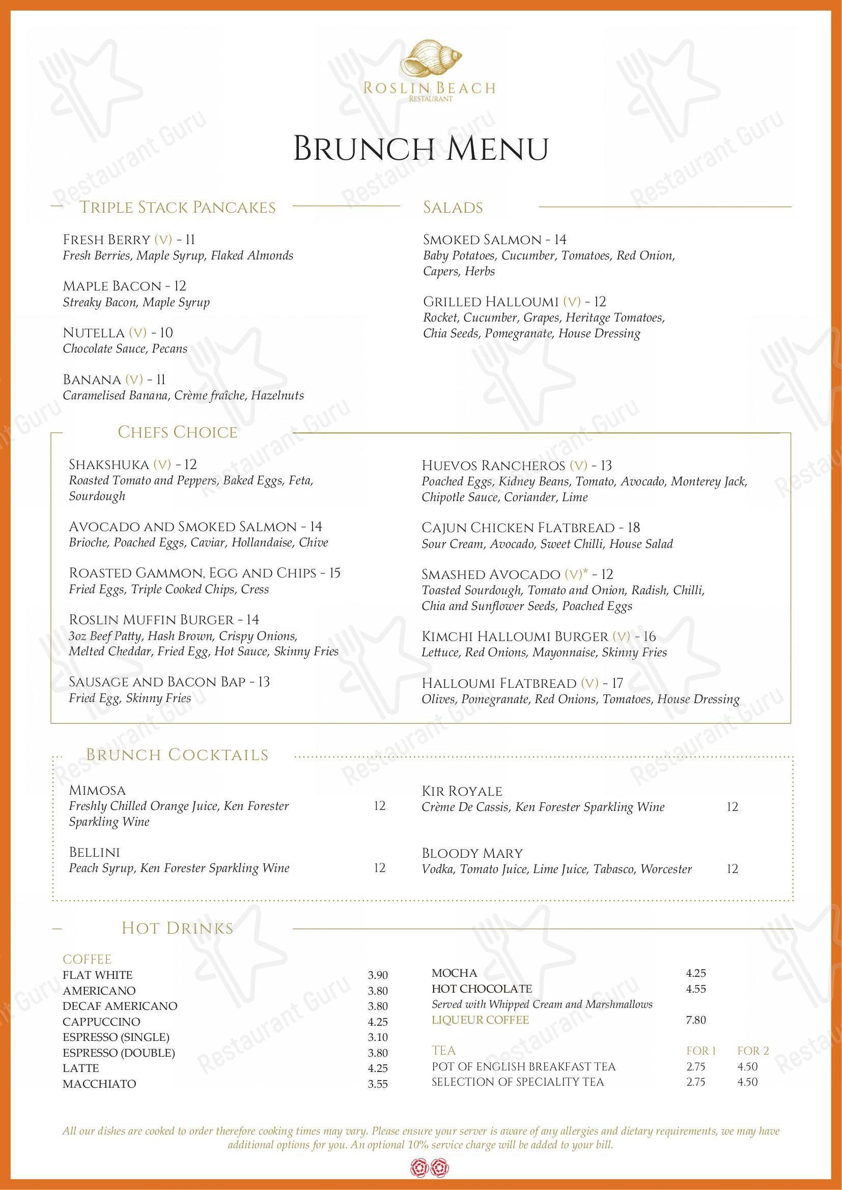 Menu at Roslin Beach Hotel pub & bar, Southend-on-Sea