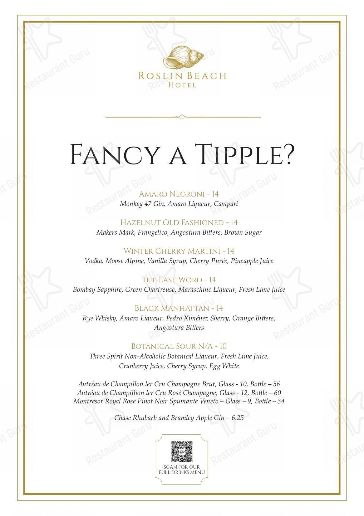 Menu at Roslin Beach Hotel pub & bar, Southend-on-Sea