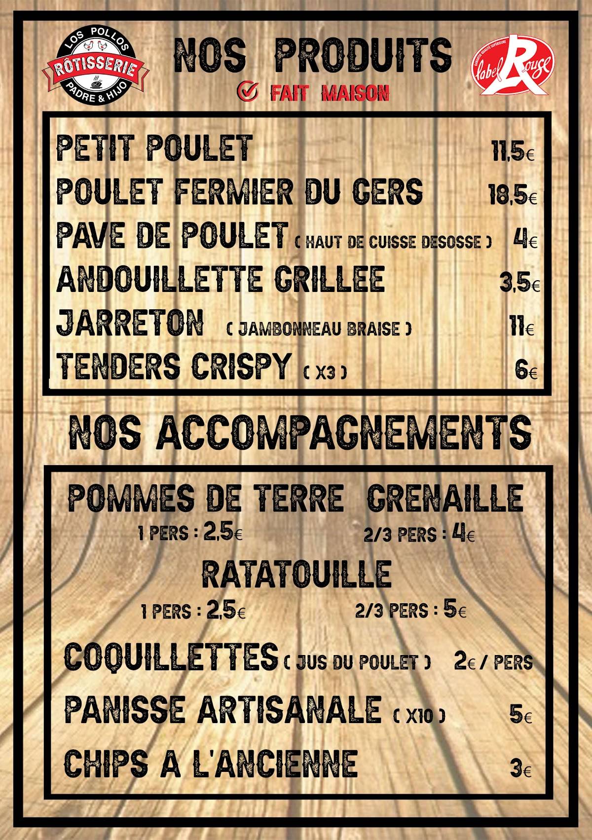 Menu au Rôtisserie Los Pollos Padre & Hijo restaurant, La Destrousse