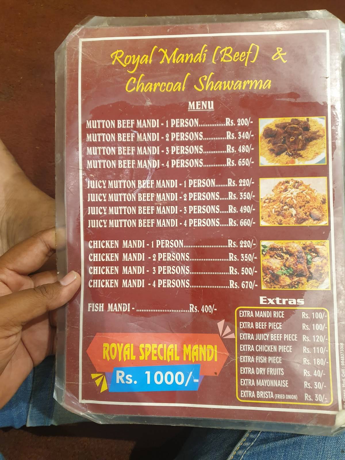 Menu at Royal Mandi Tolichowki, Hyderabad