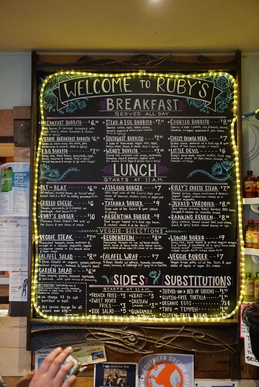 Menu at Ruby's restaurant, Ashland