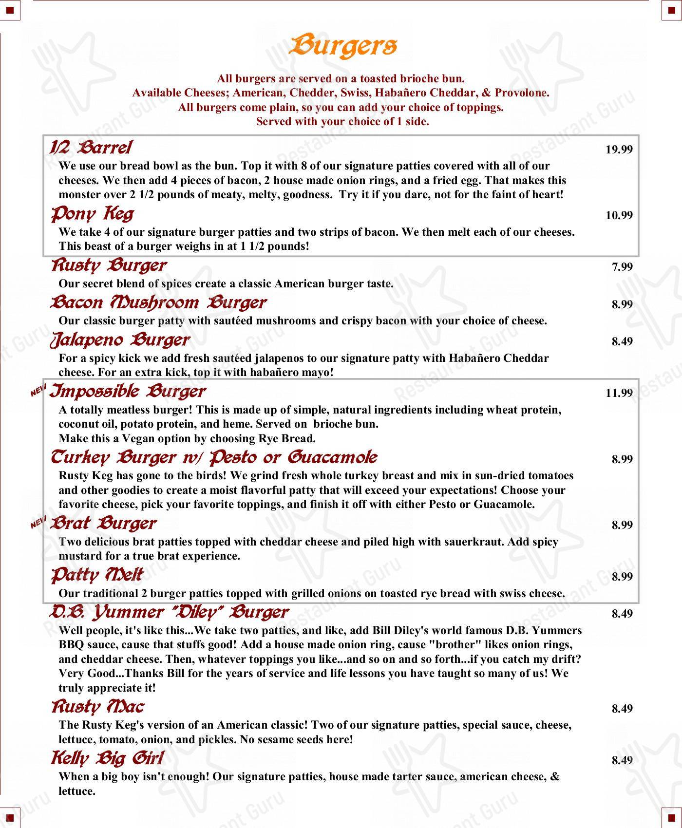 Menu at Rusty Keg Tavern pub & bar, Washington Court House