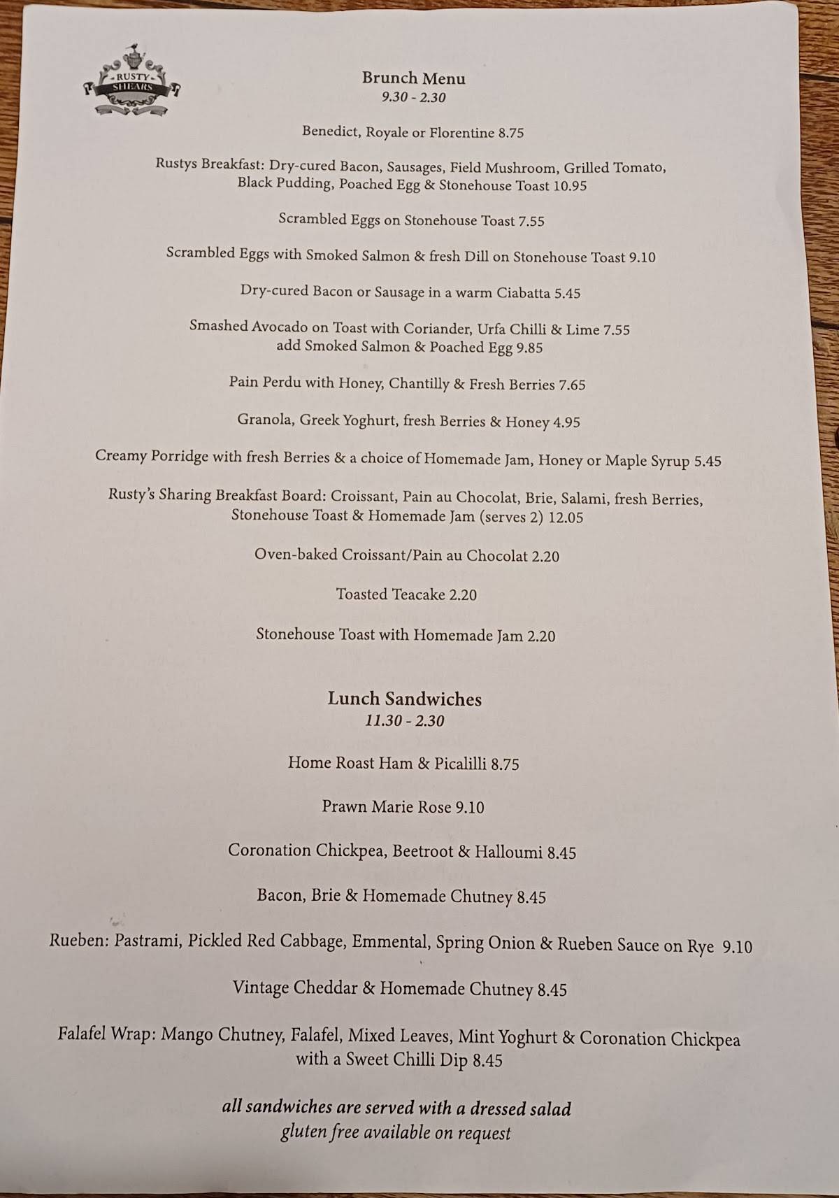 Menu at Rusty Shears restaurant, Whitby, 4 Silver St