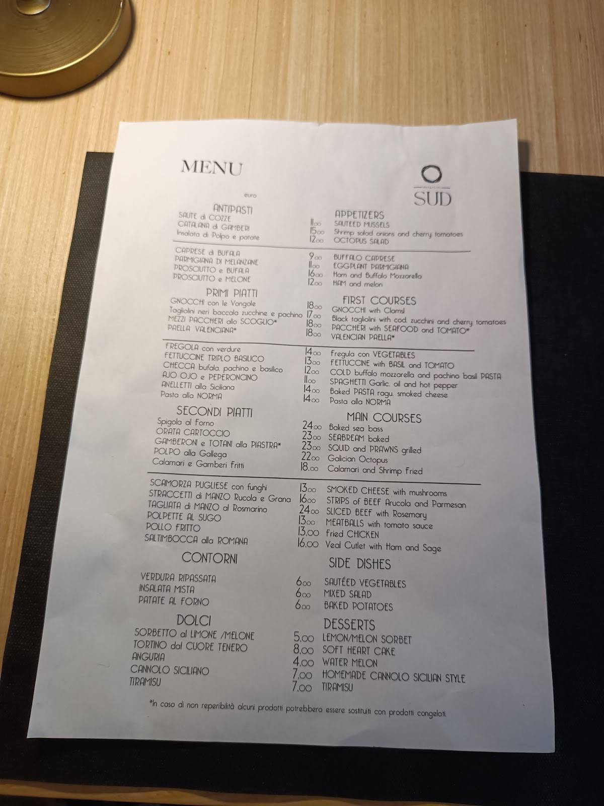 Carta del restaurante SUD Vino & Cucina, Roma