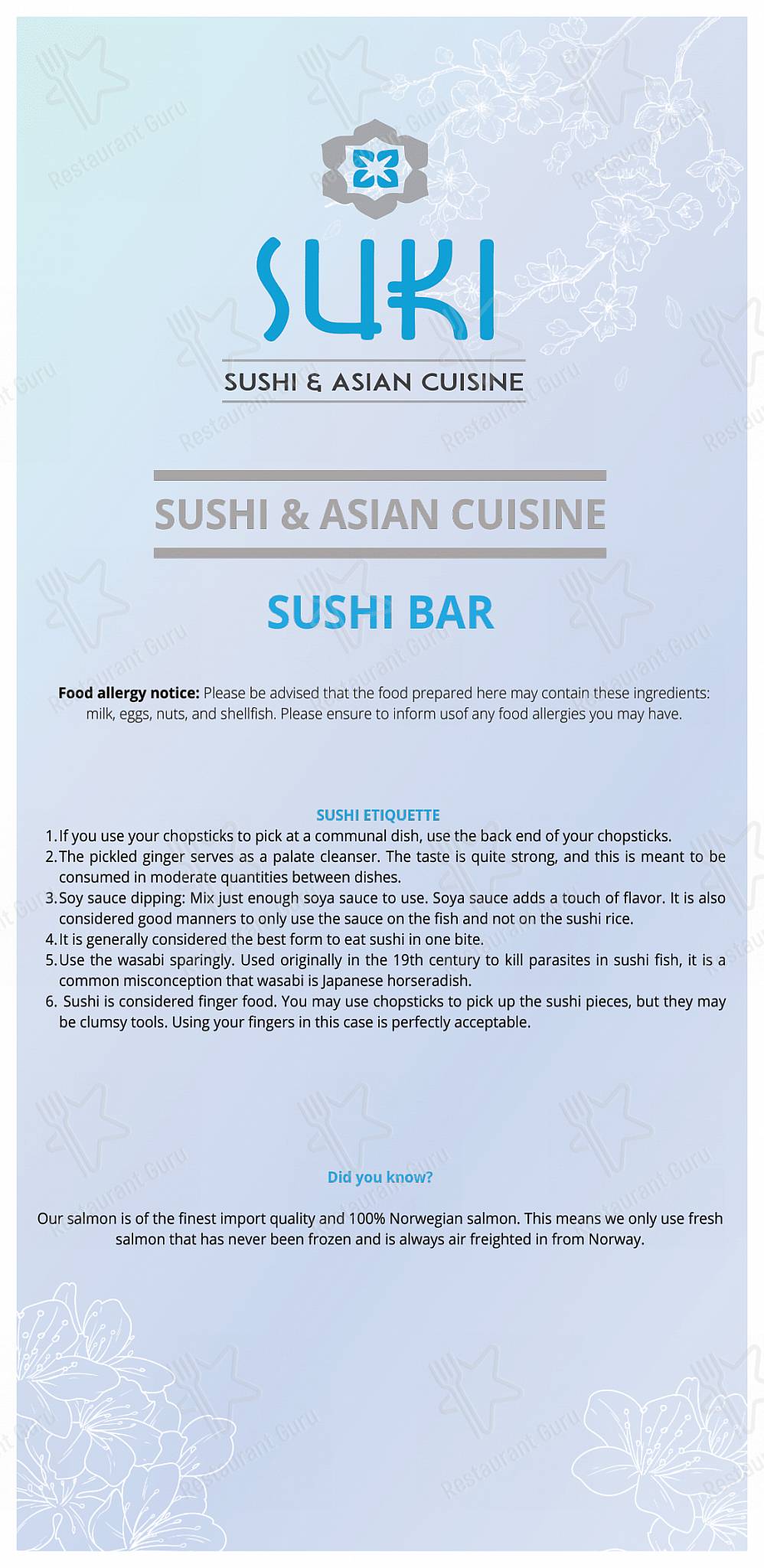 Menu at SUKI Sushi & Asian Cuisine restaurant, Port Elizabeth