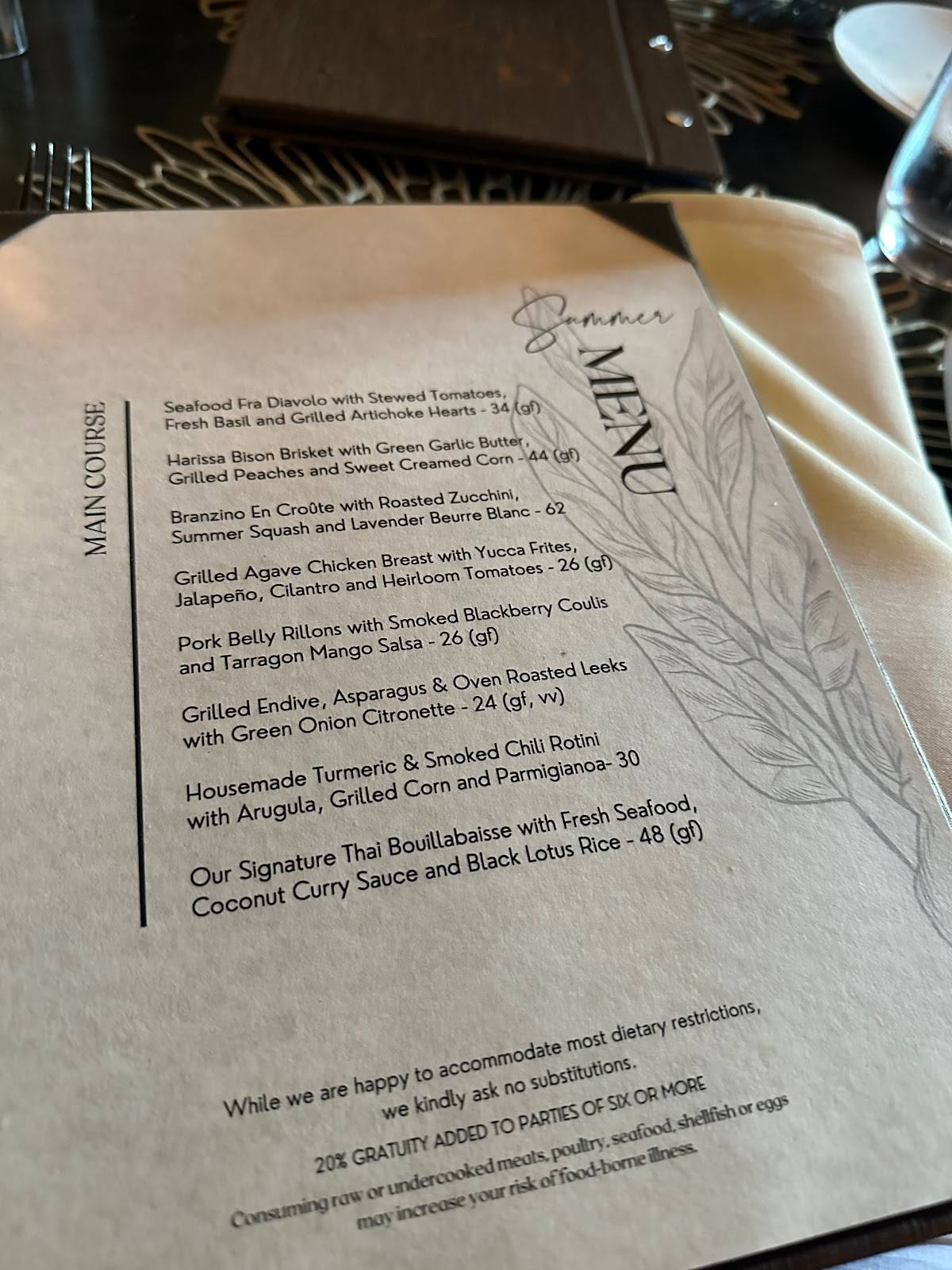 Menu at Sage restaurant, Sarasota