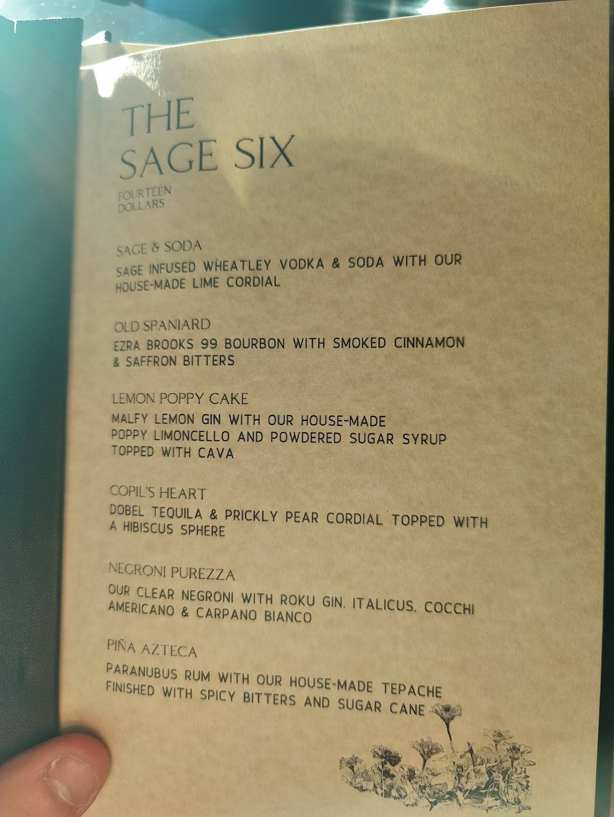 Menu at Sage restaurant, Sarasota