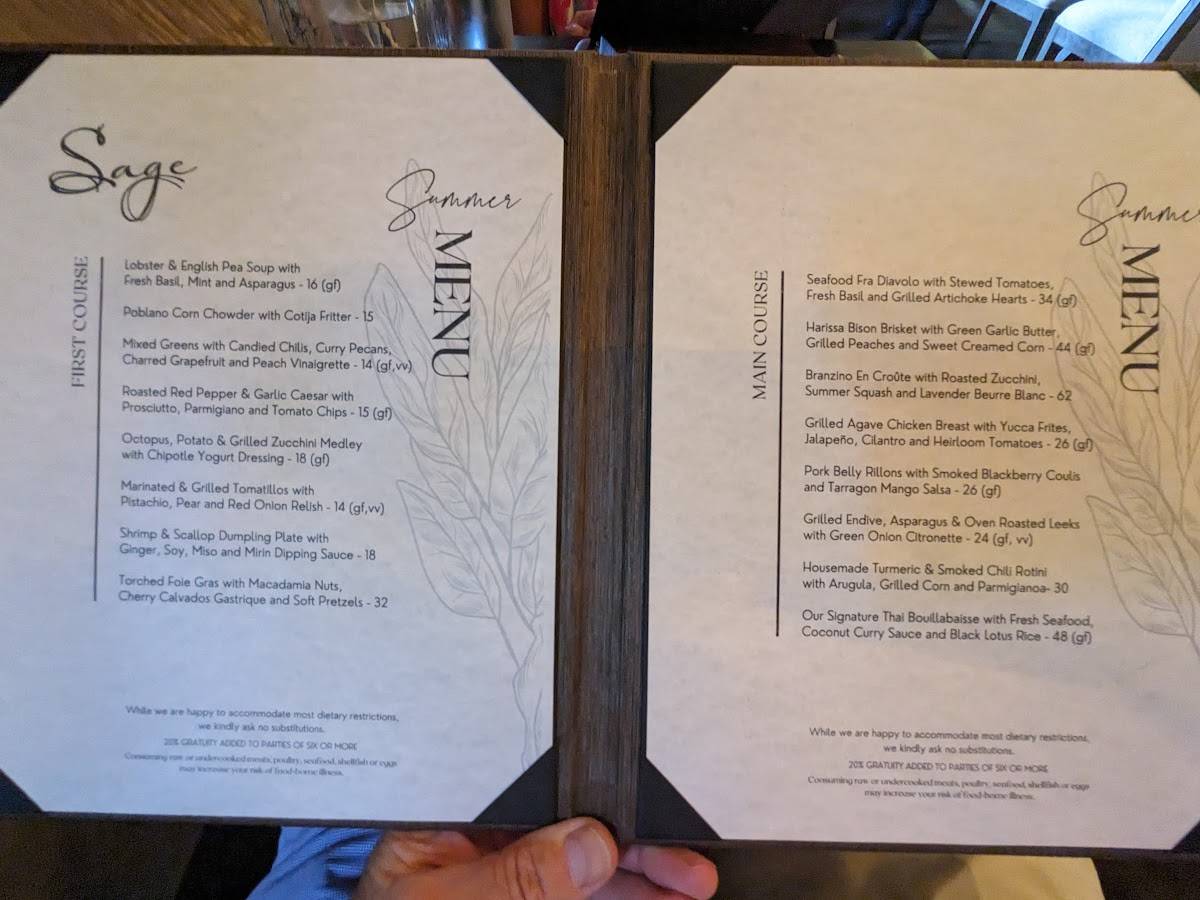 Menu at Sage restaurant, Sarasota