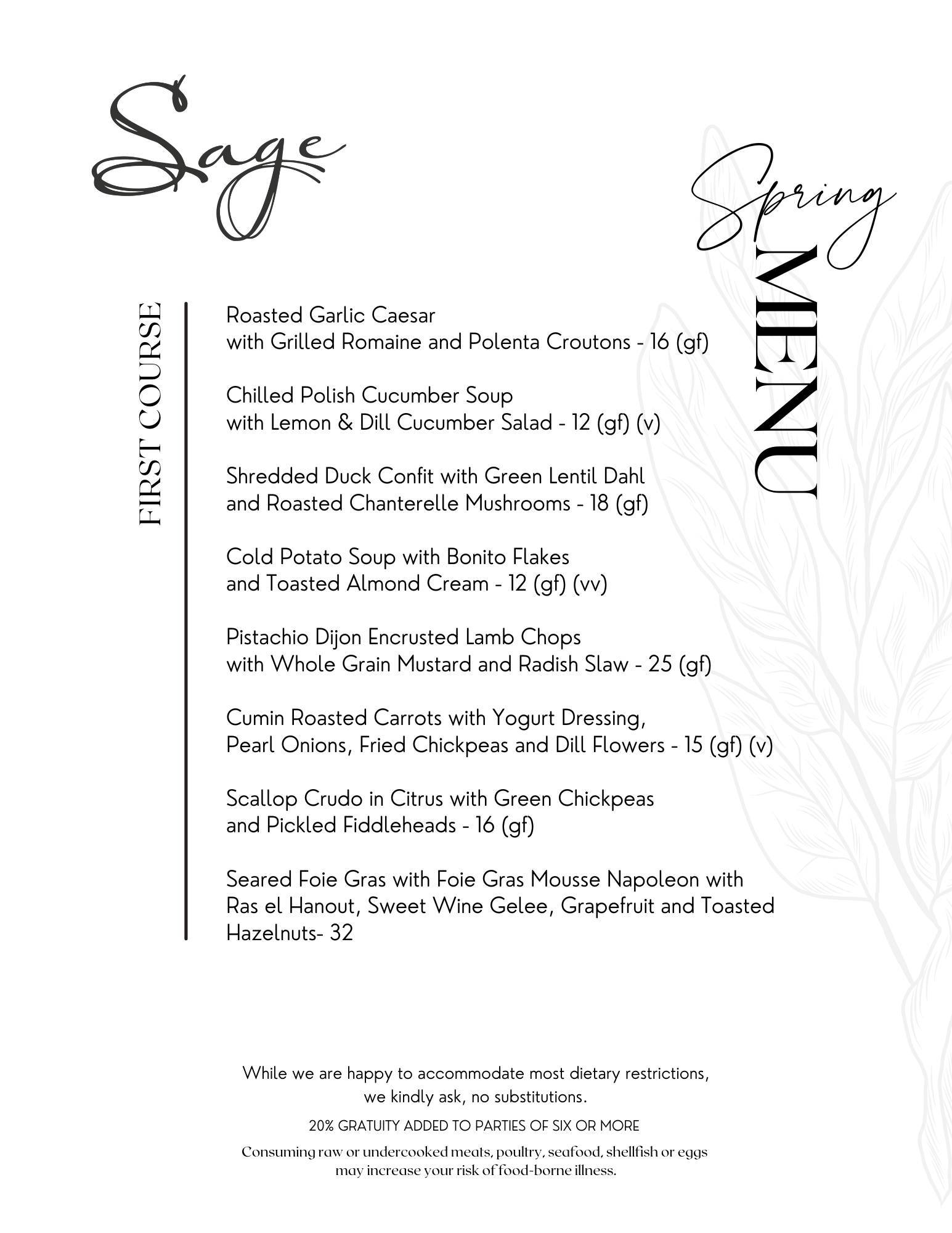 Menu at Sage restaurant, Sarasota