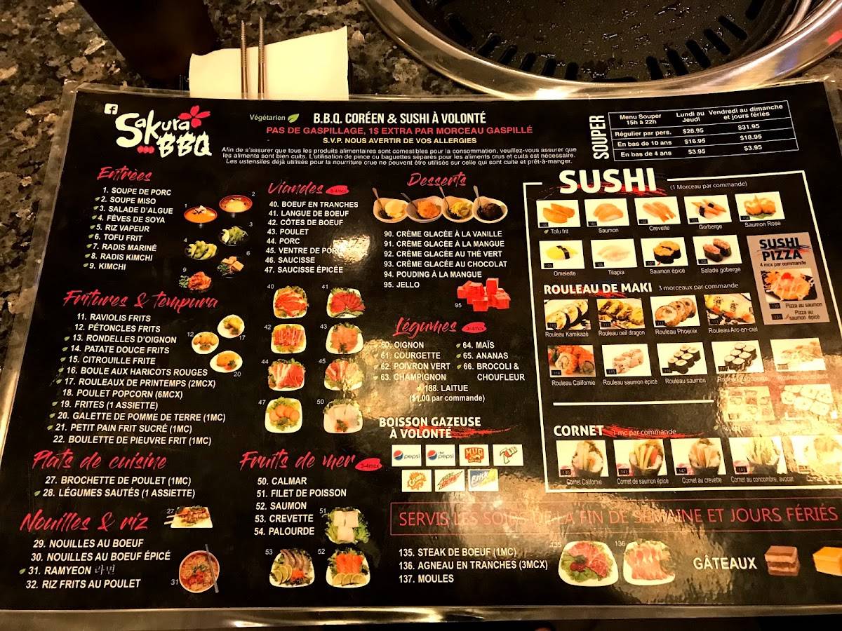 Menu au Sakura BBQ Coréen, Québec