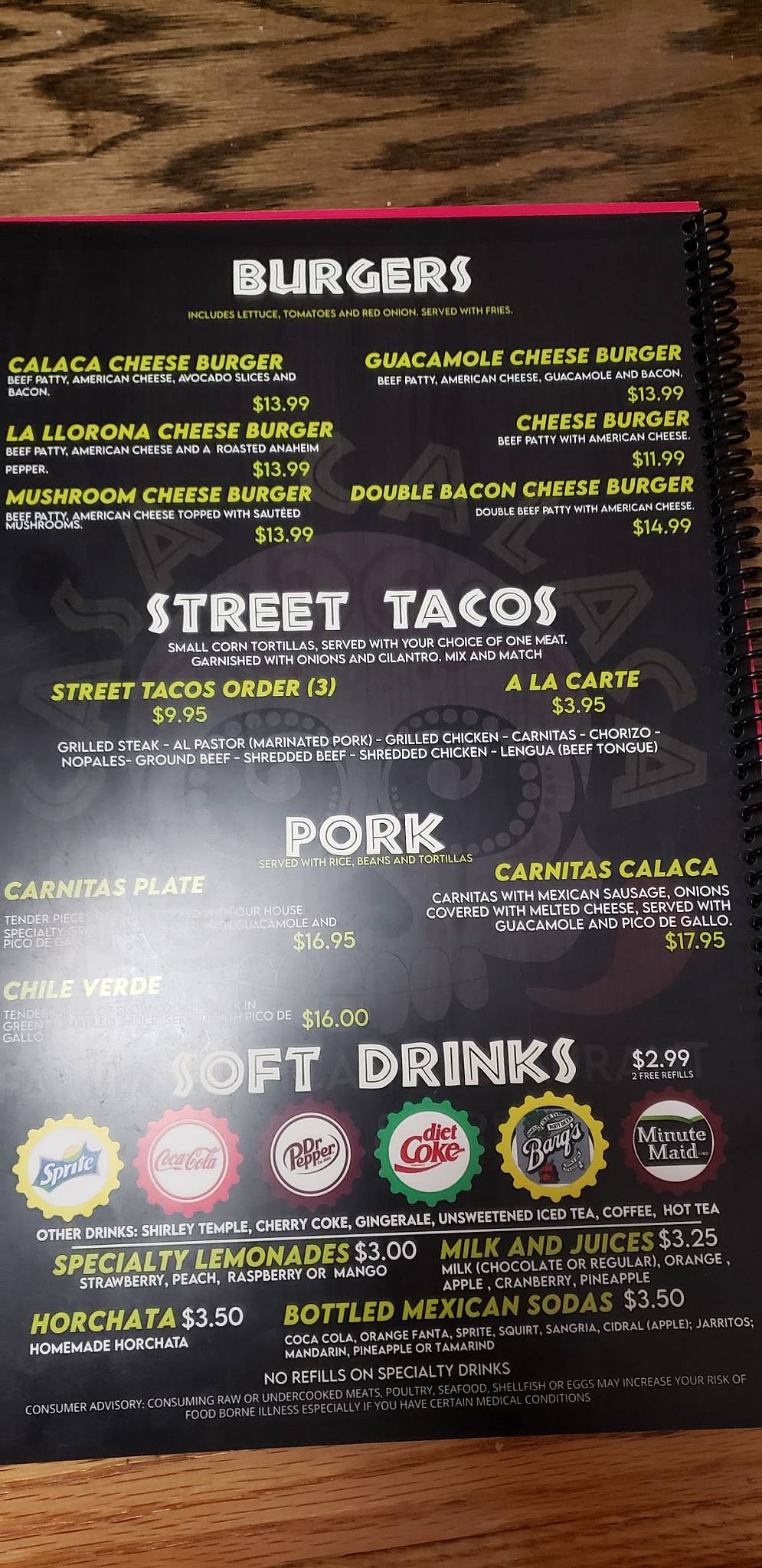 Menu at Casa Calaca restaurant, Salida