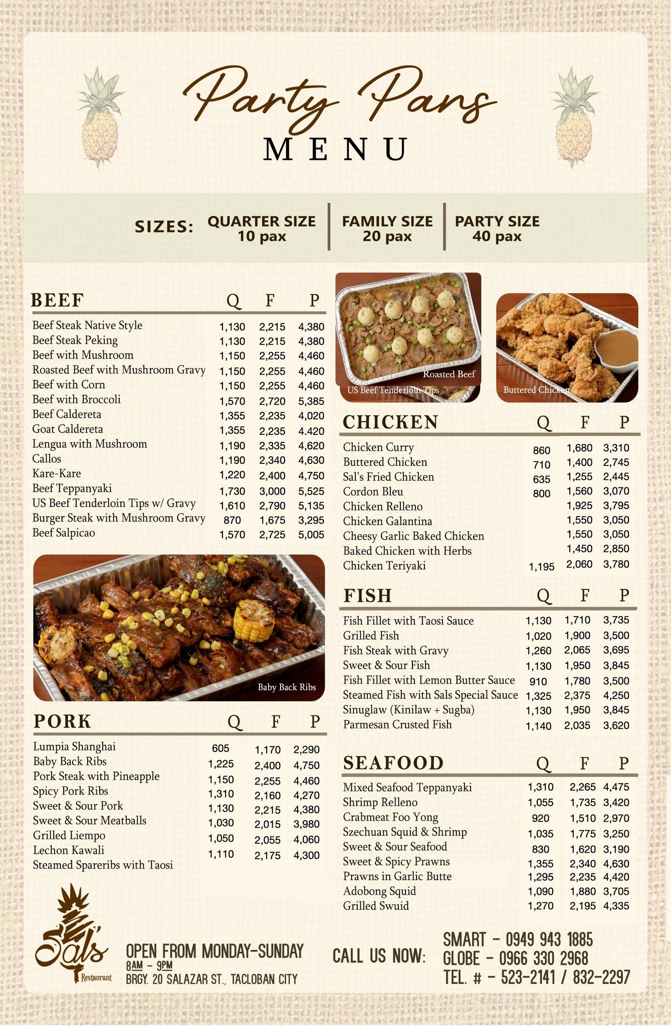 Menu at Sal's Restaurant Tacloban, Tacloban City