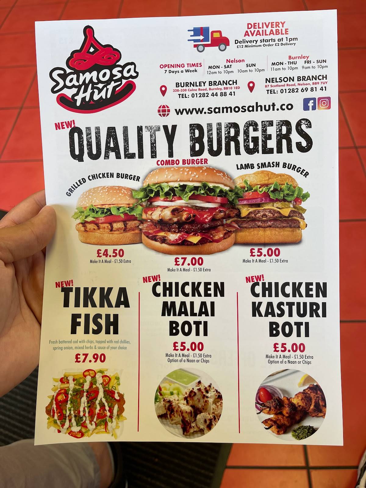 Menu at Samosa Hut fast food, Nelson