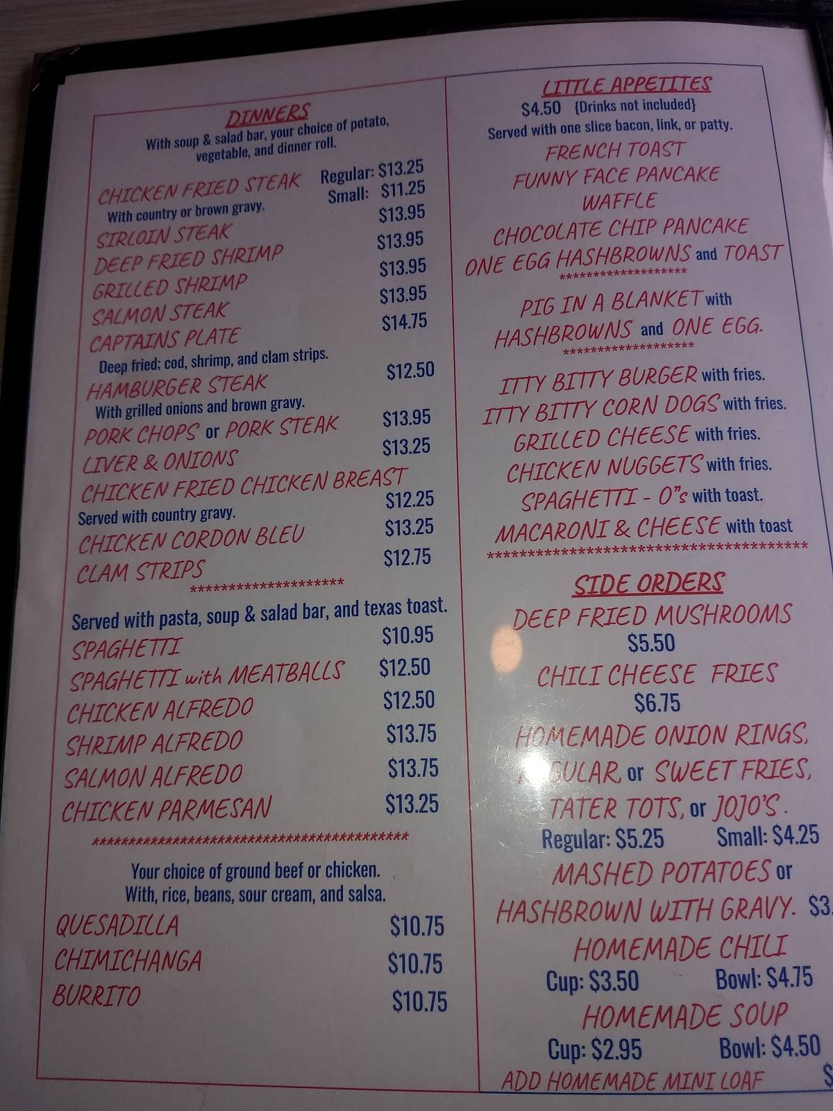 Menu at Sam's Restaurant, Kellogg