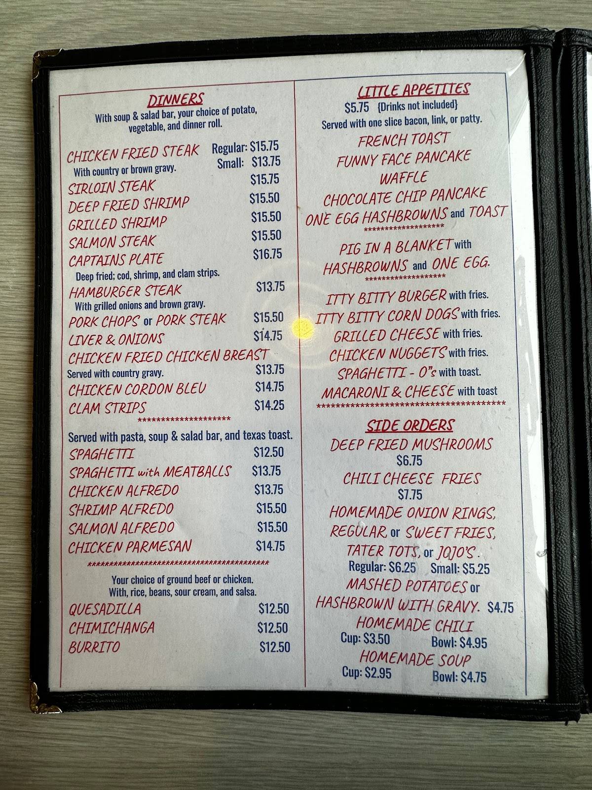 Menu at Sam's Restaurant, Kellogg