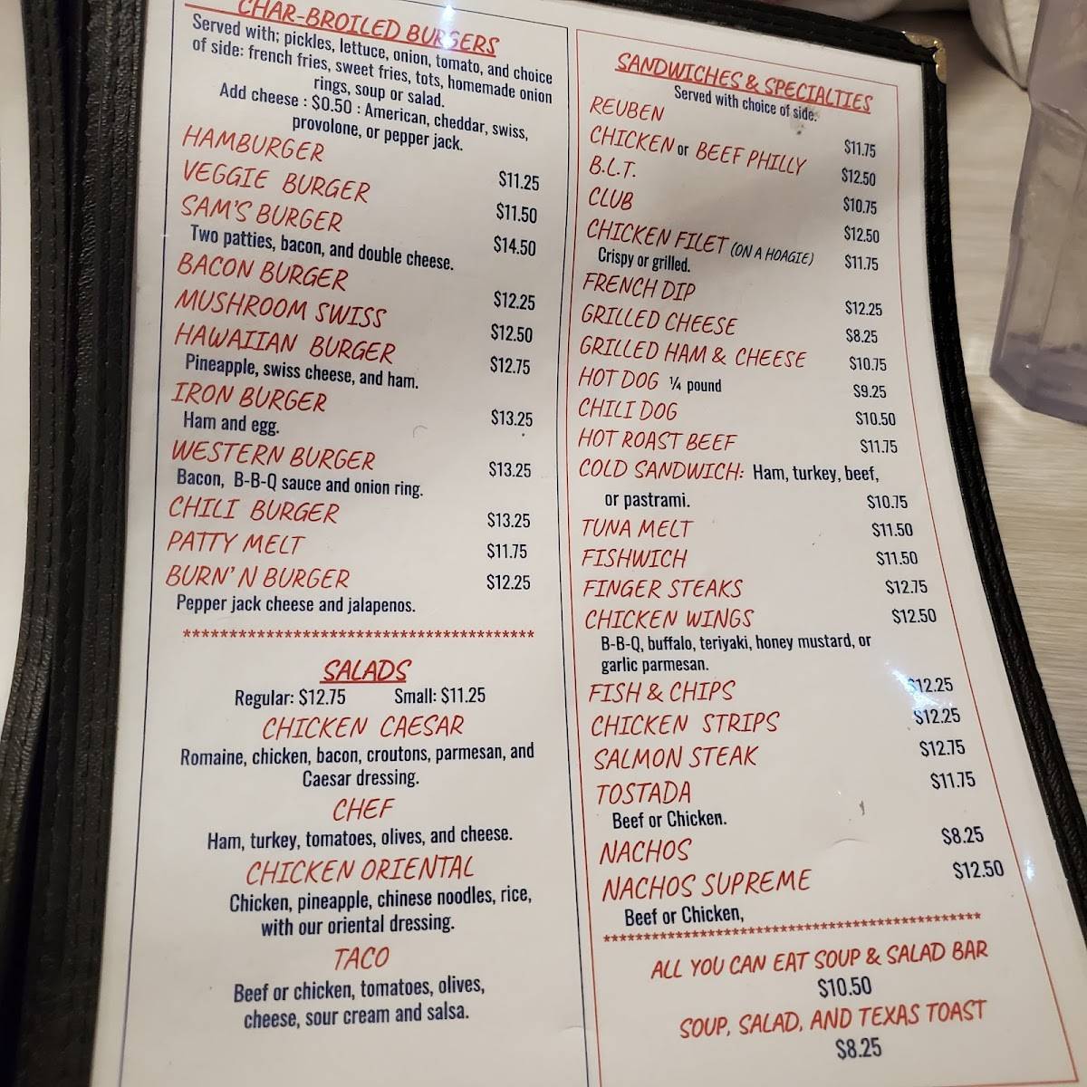 Menu at Sam's Restaurant, Kellogg