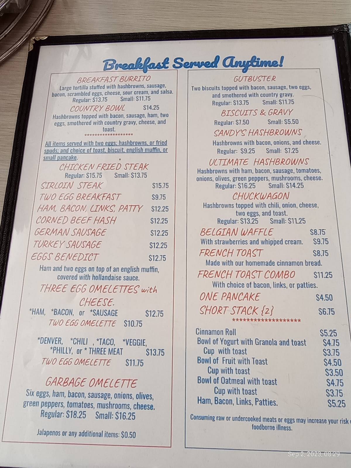 Menu at Sam's Restaurant, Kellogg
