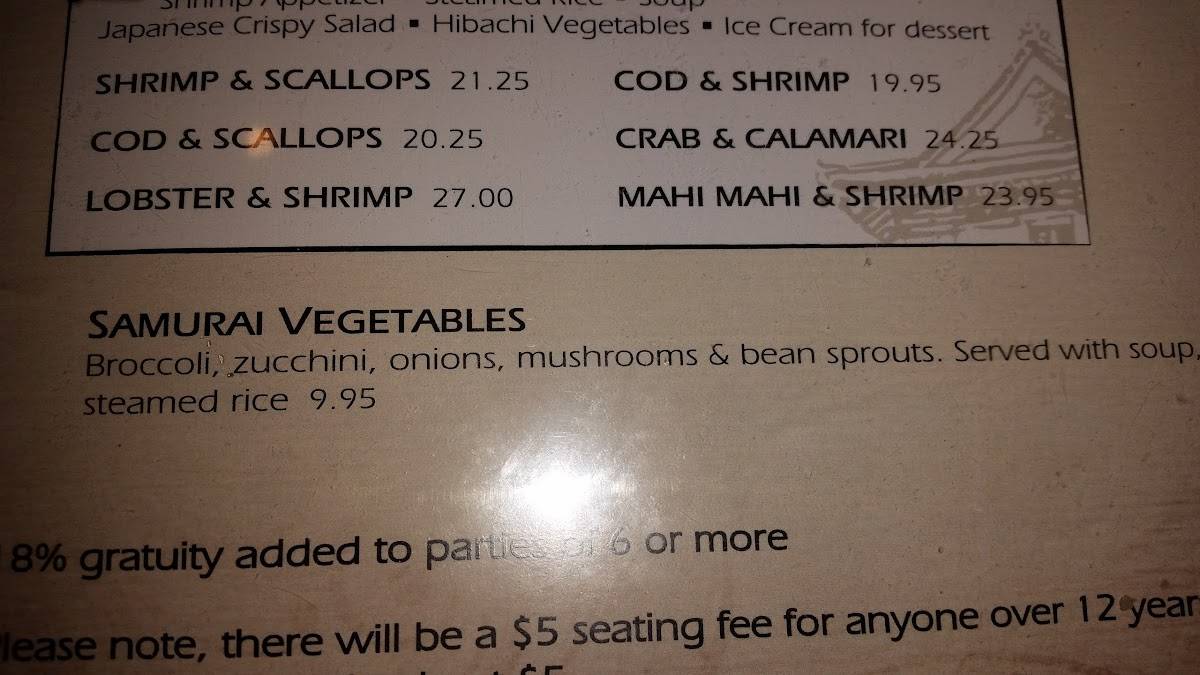 Menu at Samurai of Tokyo restaurant, Wichita Falls