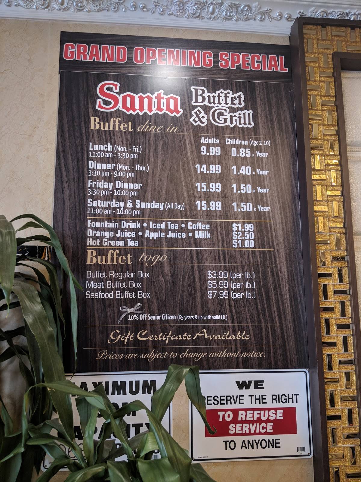 Menu at Santa Buffet & Grill restaurant, Santa Ana