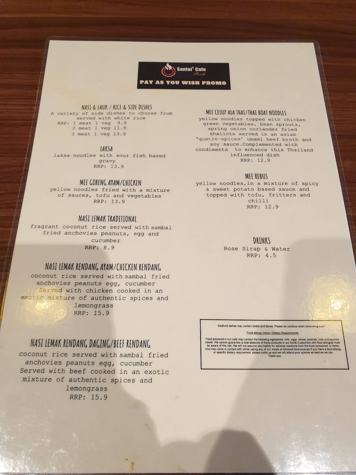 Menu at Santai² Cafe Perth, East Victoria Park
