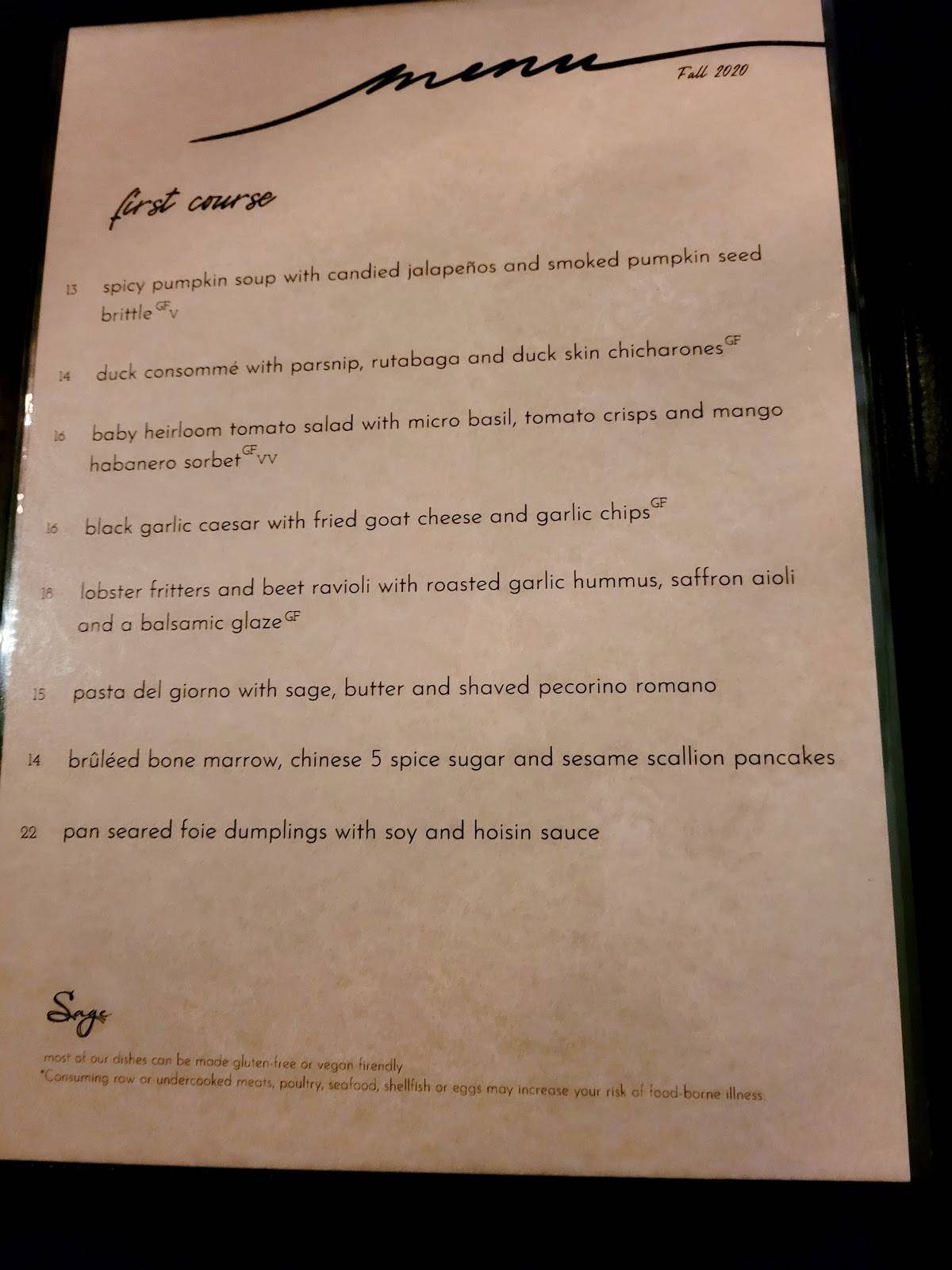 Menu at Sage restaurant, Sarasota