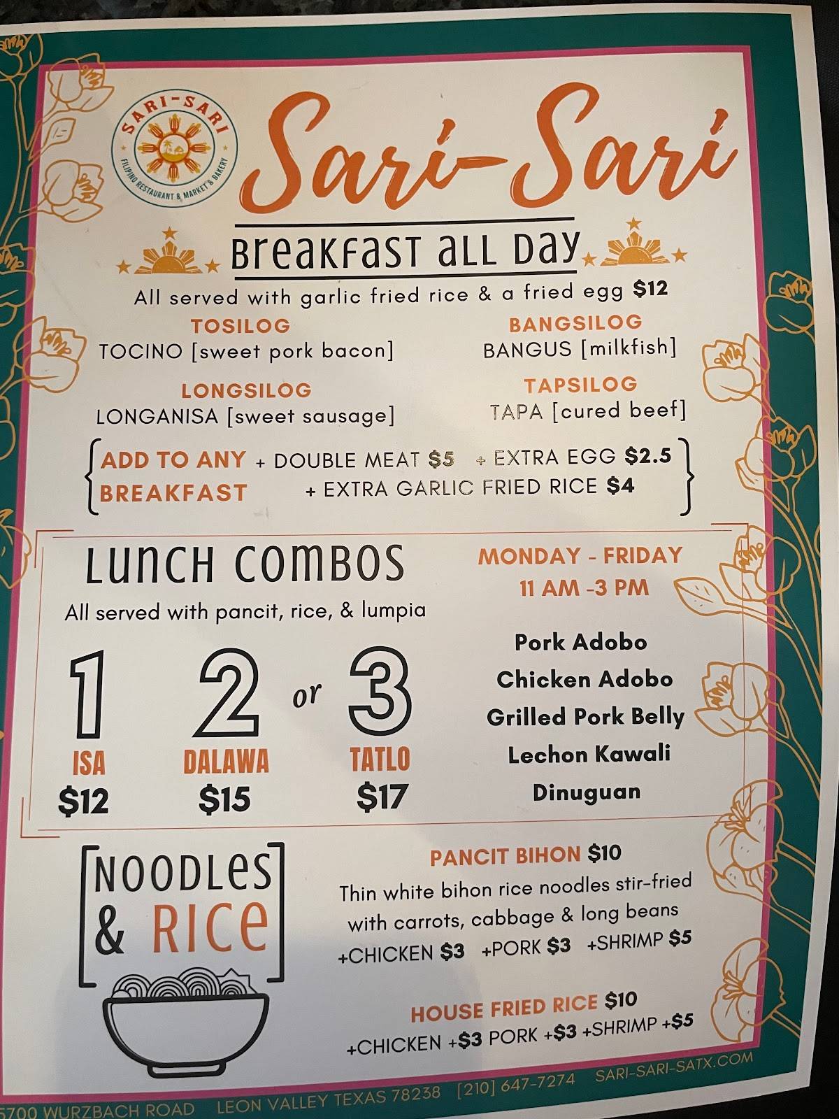 Menu at Sari-Sari Filipino Restaurant, Market, & Bakery, San Antonio