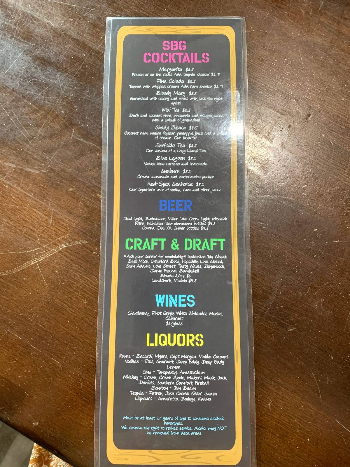 Menu at Seahorse Bar & Grill, Surfside Beach