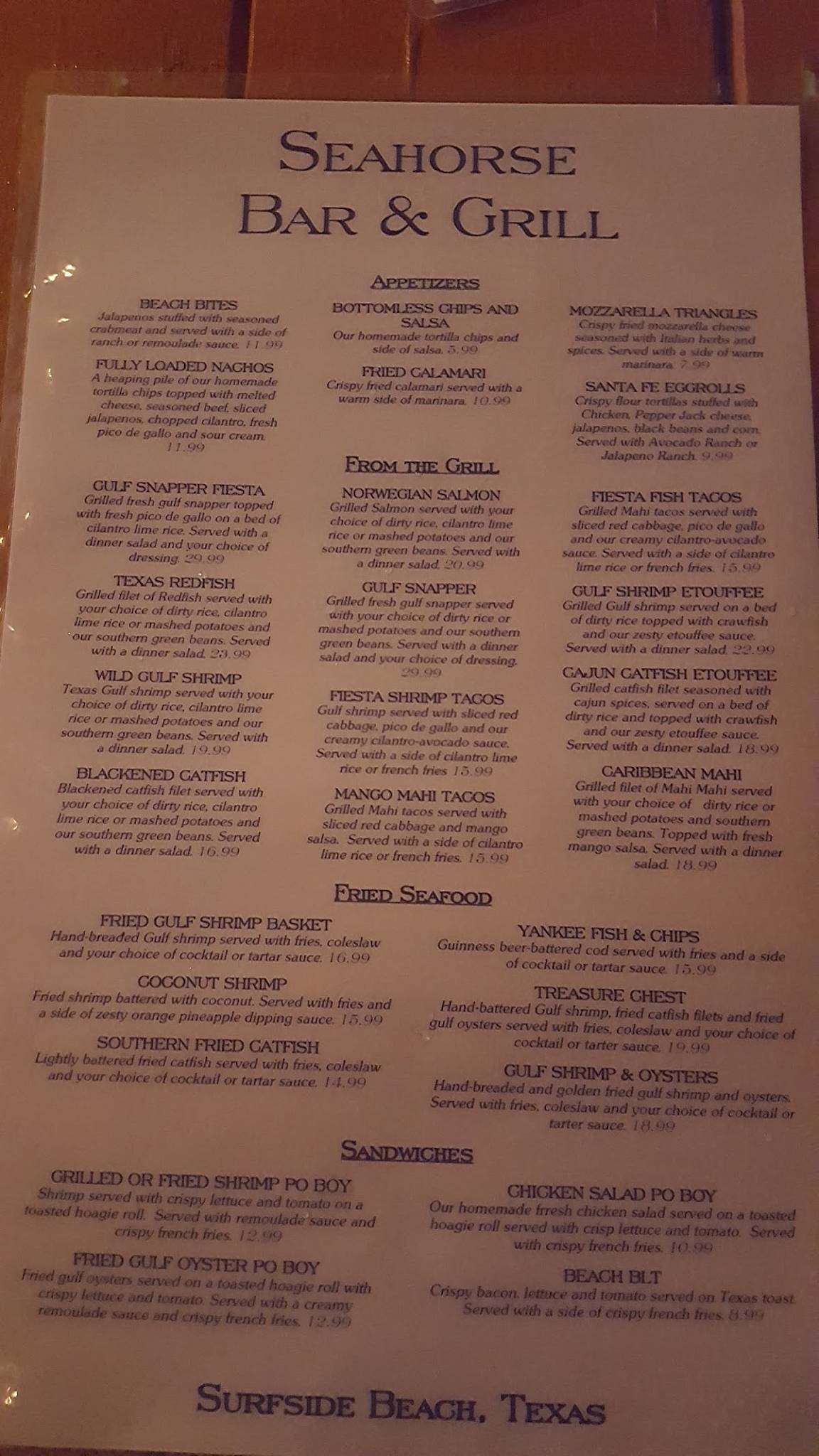 Menu at Seahorse Bar & Grill, Surfside Beach