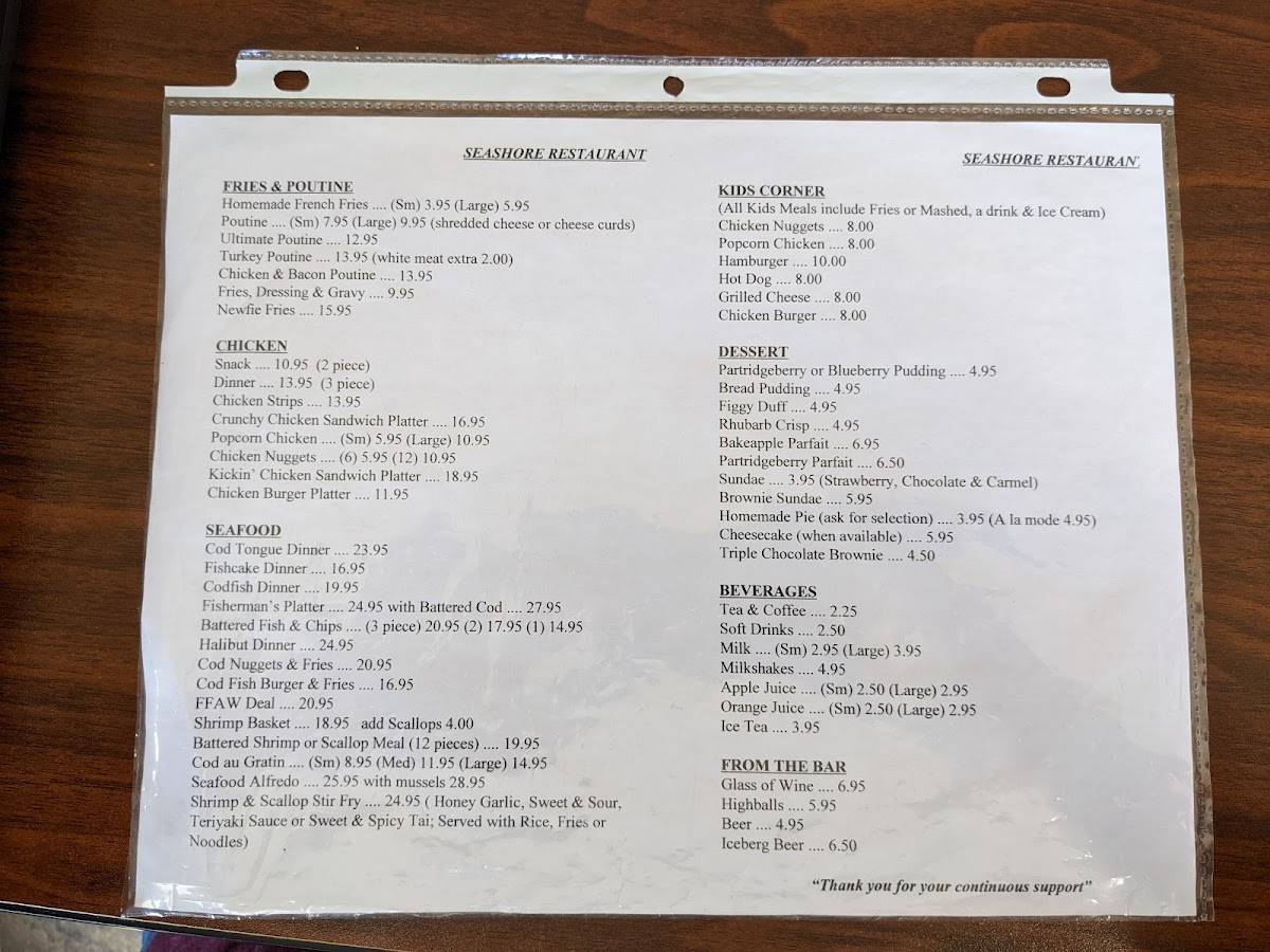 Menu at Seashore Restaurant, Channel-Port aux Basques