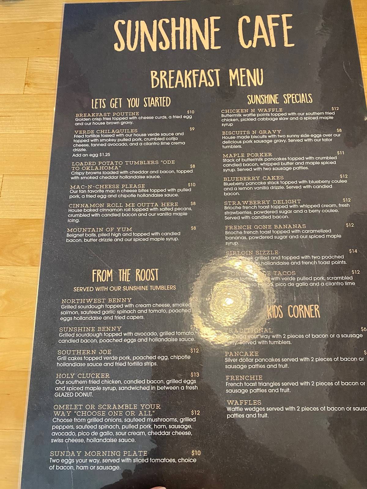 Menu at Sunshine Cafe, Sequim