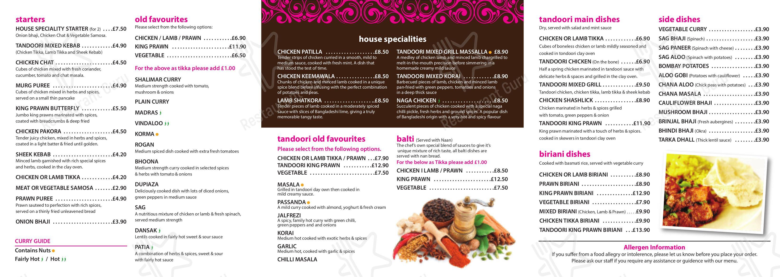 Menu at Shalimar restaurant, Waterlooville, 9 Hambledon Parade