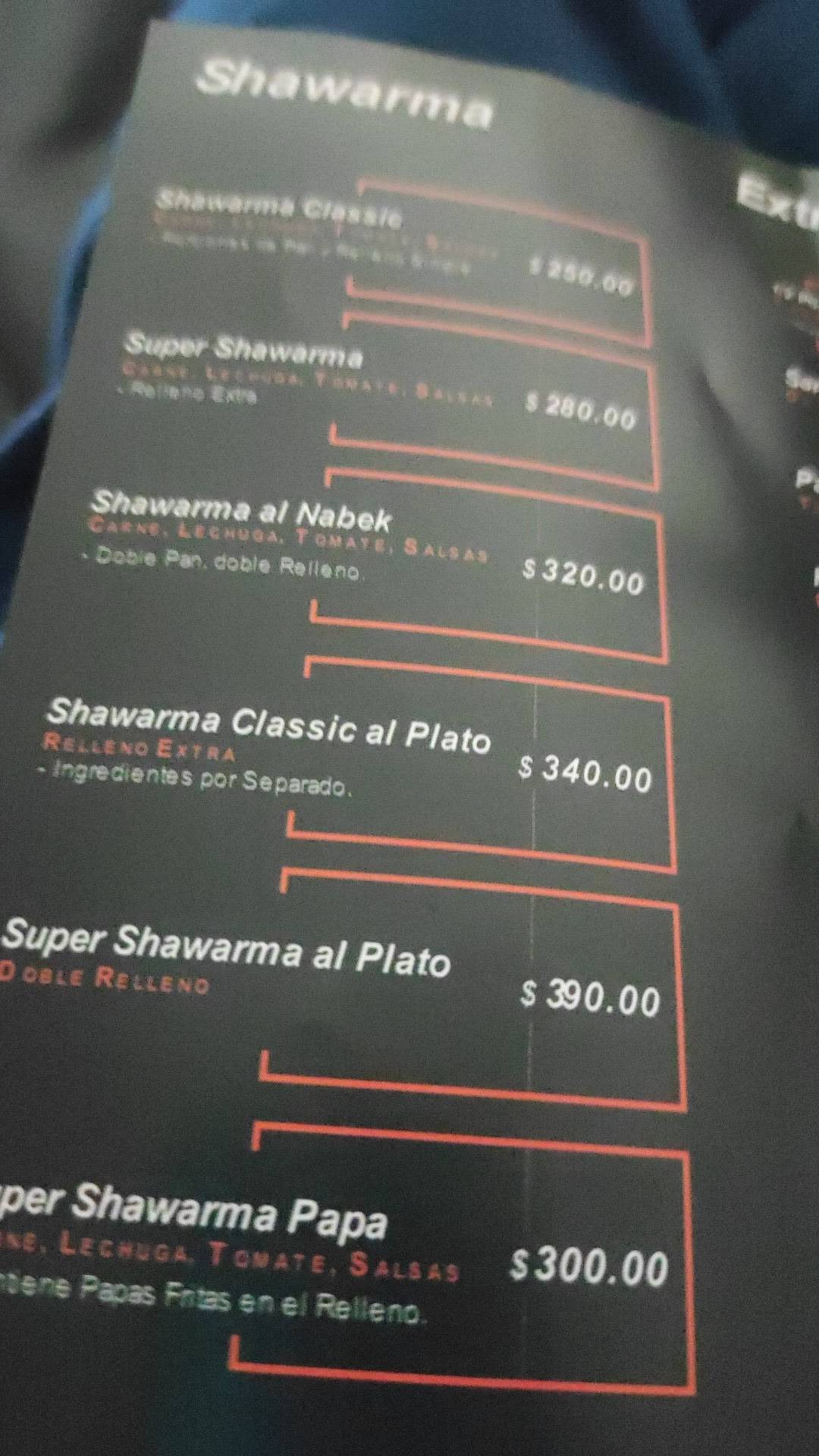 Carta del restaurante Shawarma al Nabek, Buenos Aires