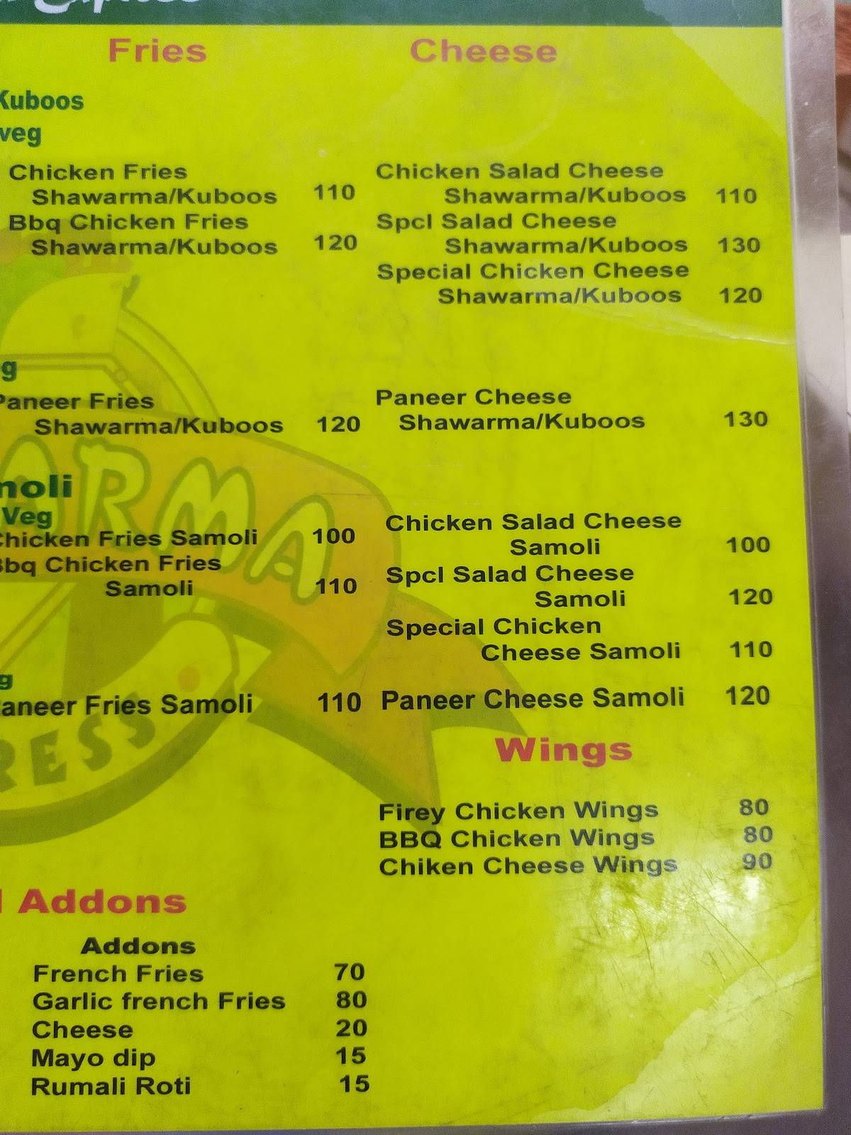 Menu at Shawarma express, Hyderabad, Street number 6 maruthi suzuki ...