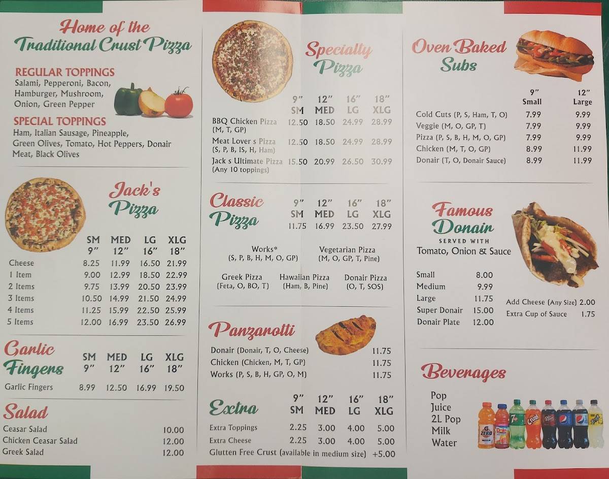 Menu at Jack's Pizza pizzeria, Shediac