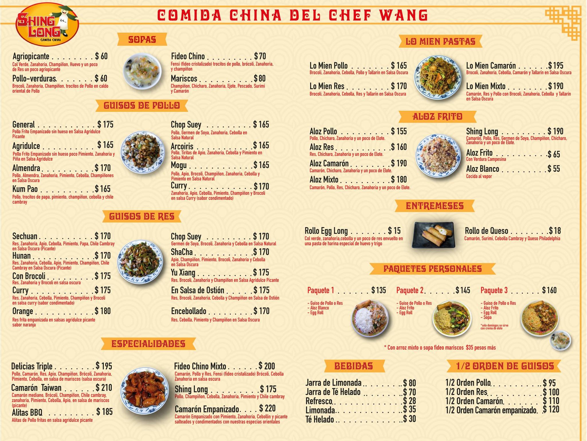 Carta del restaurante Shing Long, Monterrey, Av. Revolución 3448